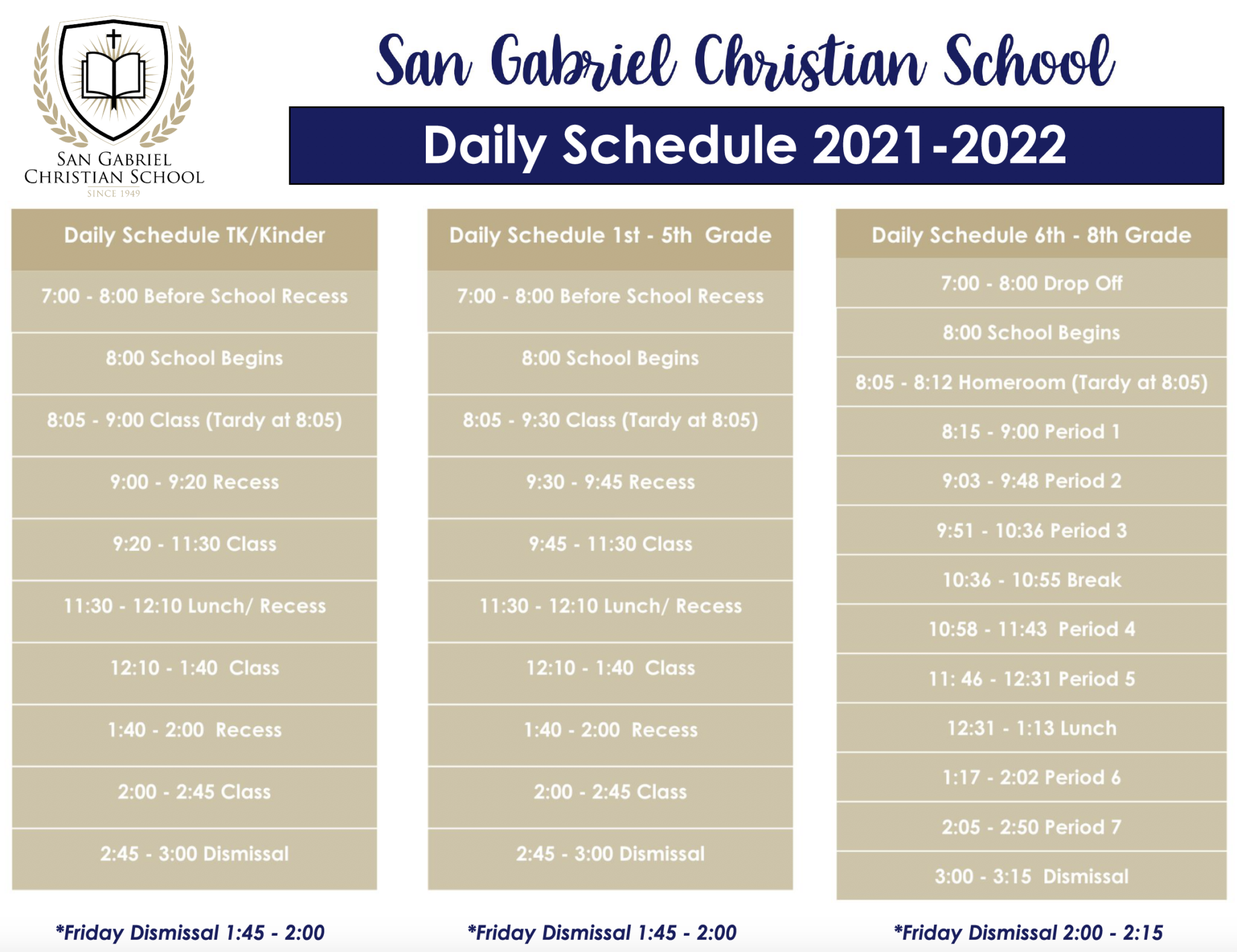 Daily Schedules | San Gabriel Christian